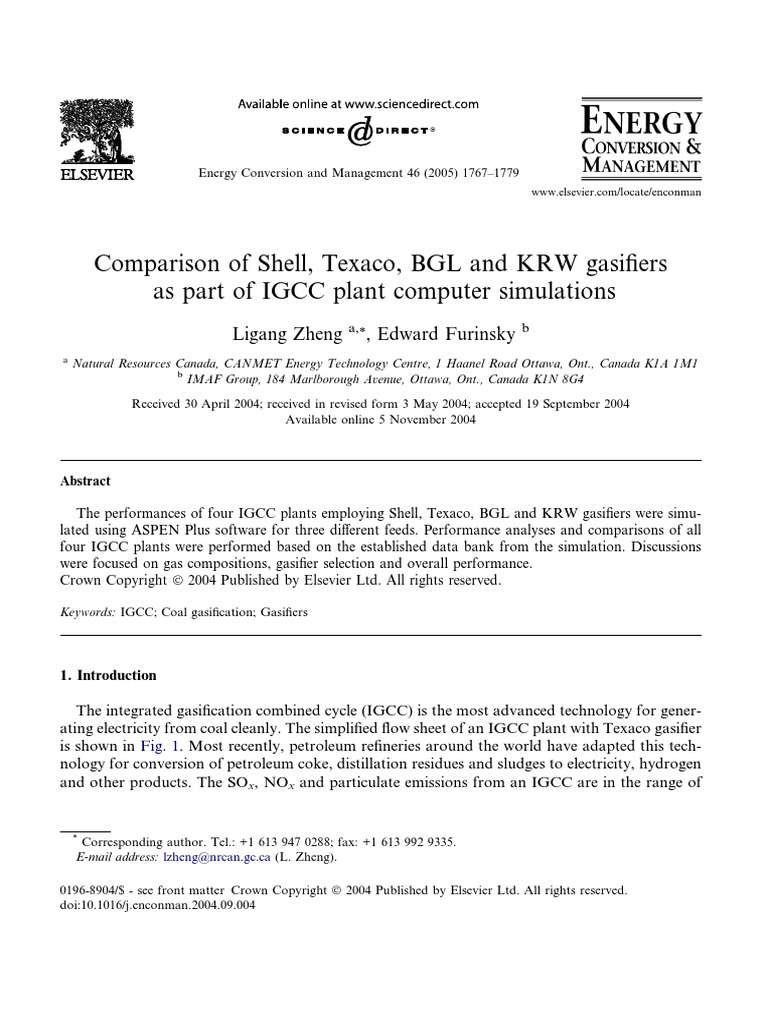 Comparison of Shell Texaco BGL KRW Gasifiers As Part of IGCC Plant ...