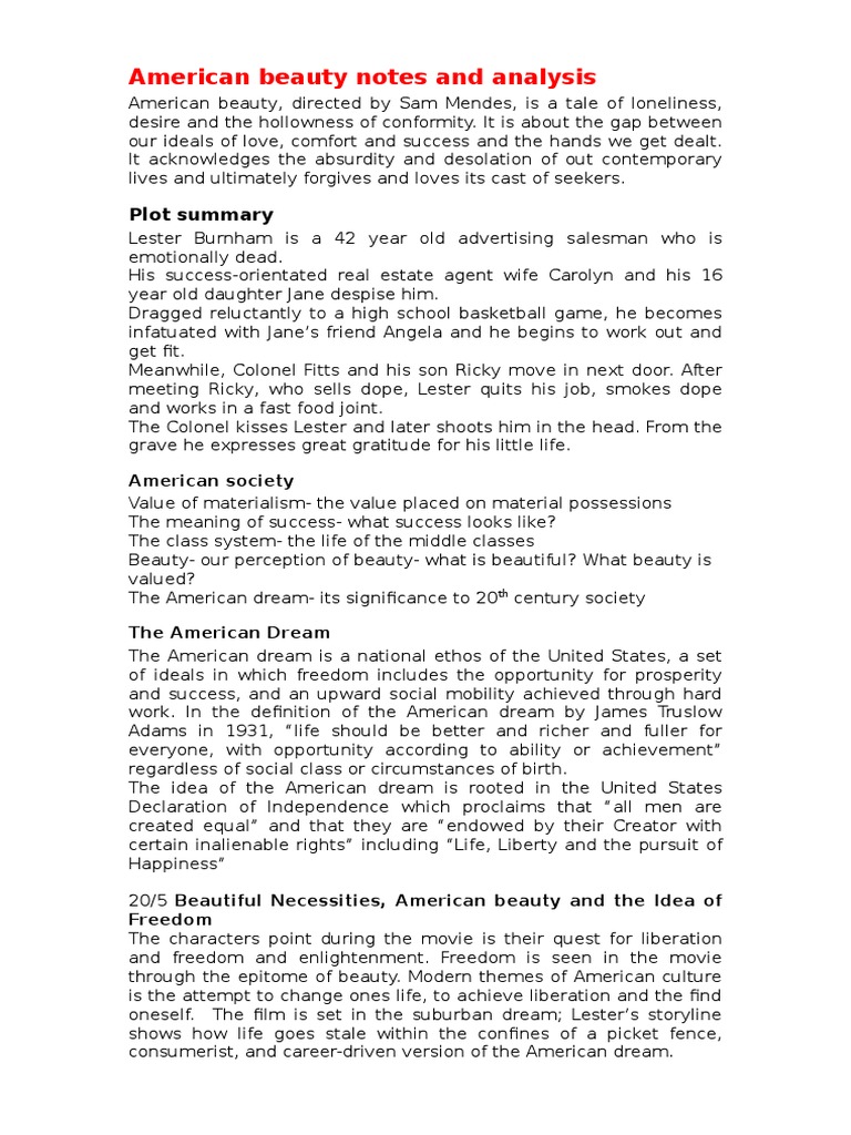 American Beauty Notes and Analysis | PDF | Mystery, Thriller & Crime ...