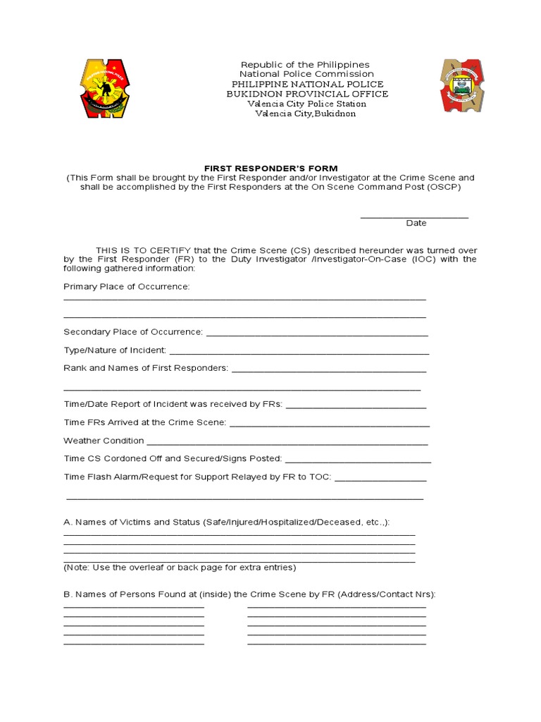 Sample Format of CSI Form 1 First Responder's Form | PDF | Crime Scene ...