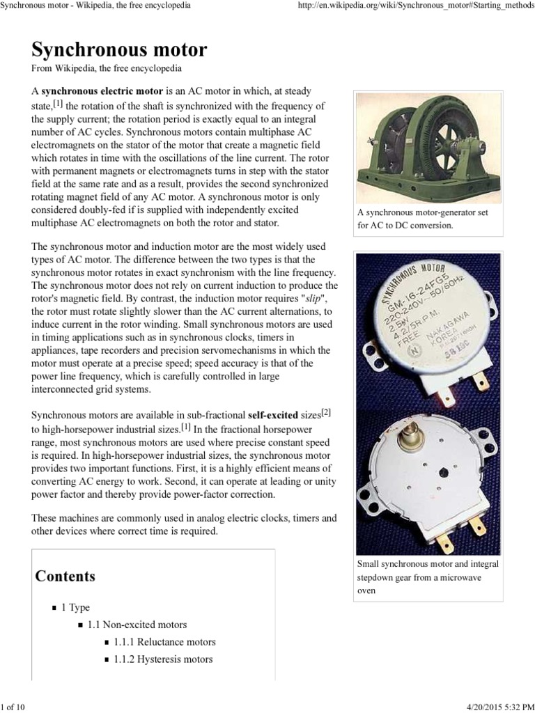 Synchronous Motor - Wikipedia, The Free Encyclopedia | PDF | Electric ...
