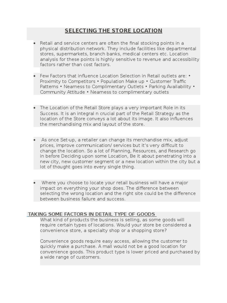Retail Store Location Selection Factors | PDF | Retail | Market Analysis