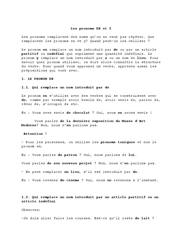Utilisation des pronoms EN et Y | PDF | Pronom | Question