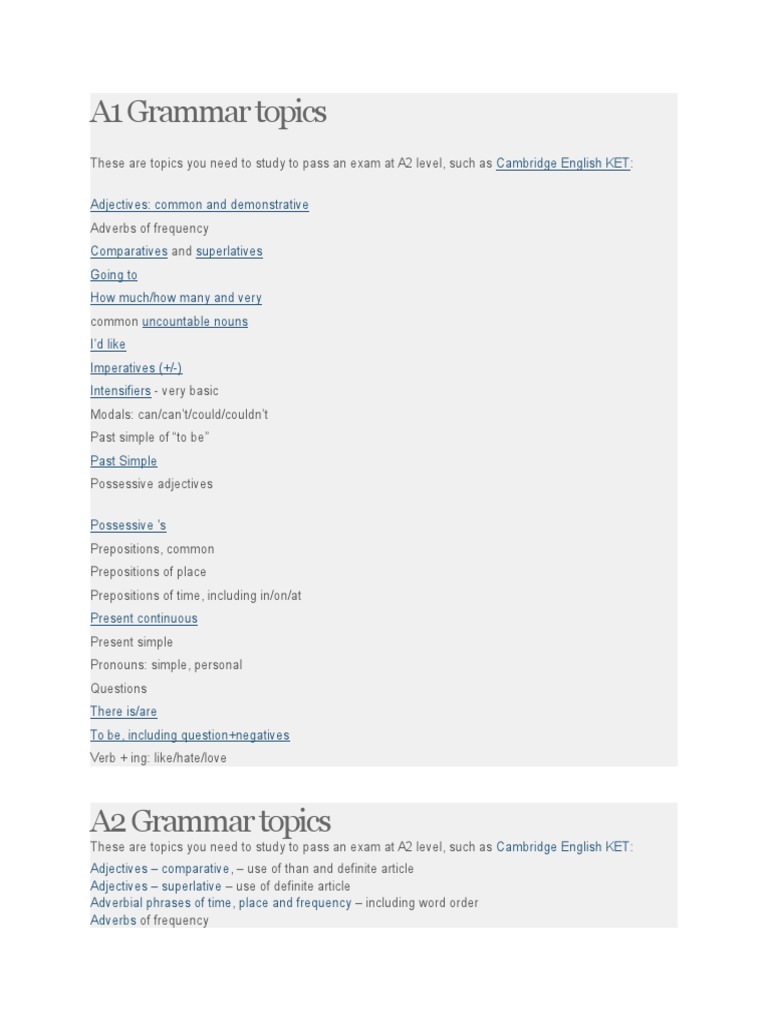 A1 - B2 Grammar Topics - English TOEFL Exam | PDF | Adverb | Verb