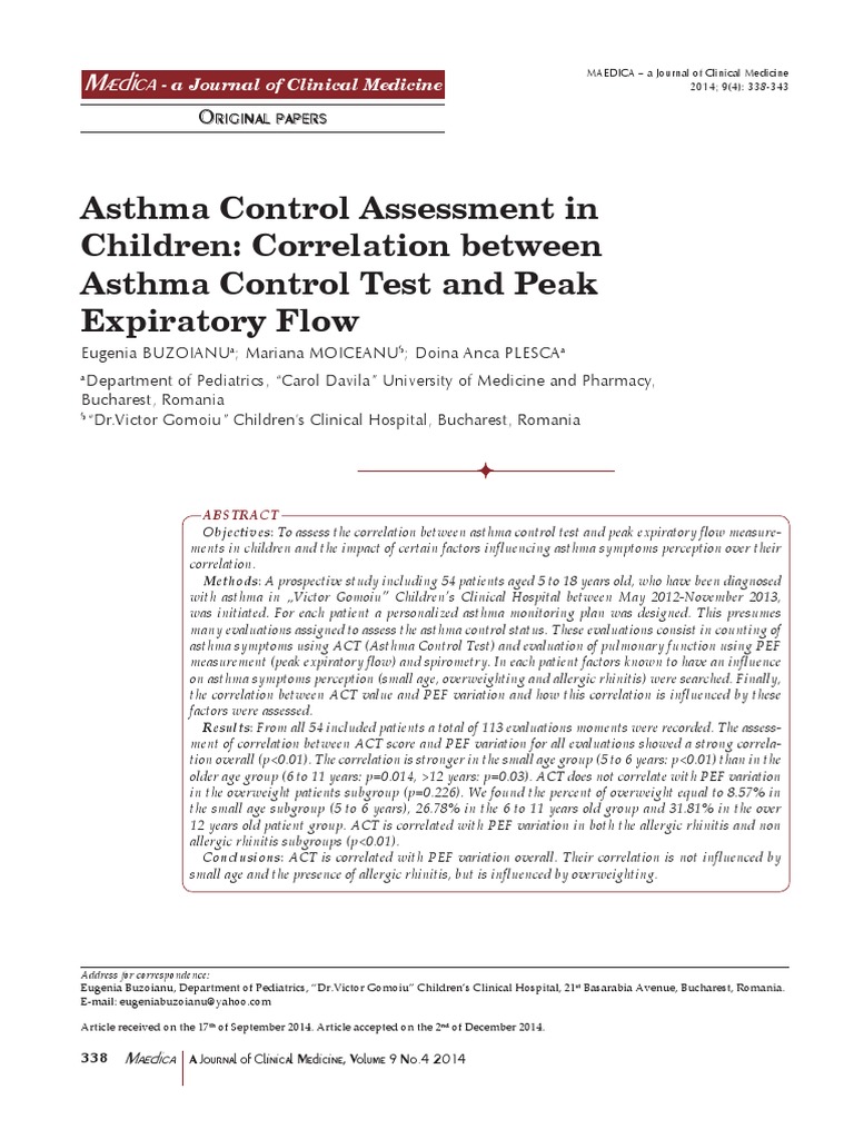 Asthma Control Assessment in Children Correlation Between Asthma ...