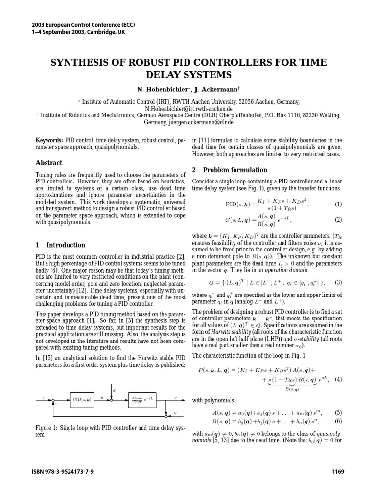 Sysnthesis of Robust PID Controller For Time Delay Systems | PDF ...