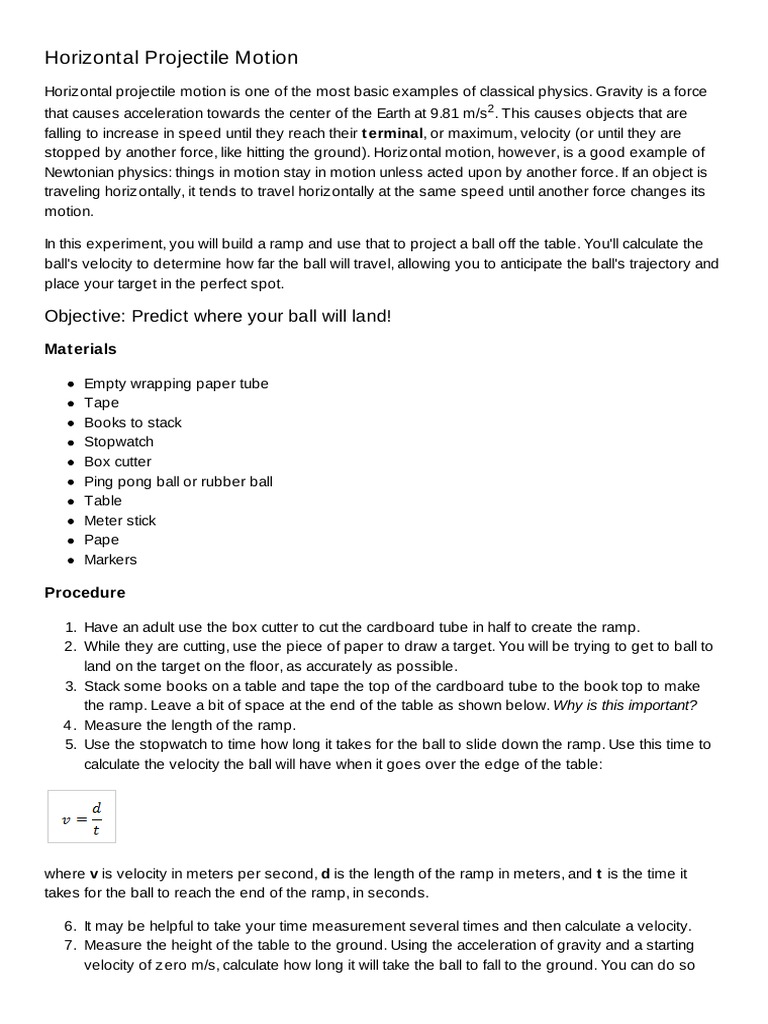 Horizontal Projectile Motion: Objective: Predict Where Your Ball Will ...