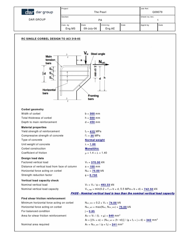 Corbel Design To ACI 381-05 | PDF | Strength Of Materials | Concrete