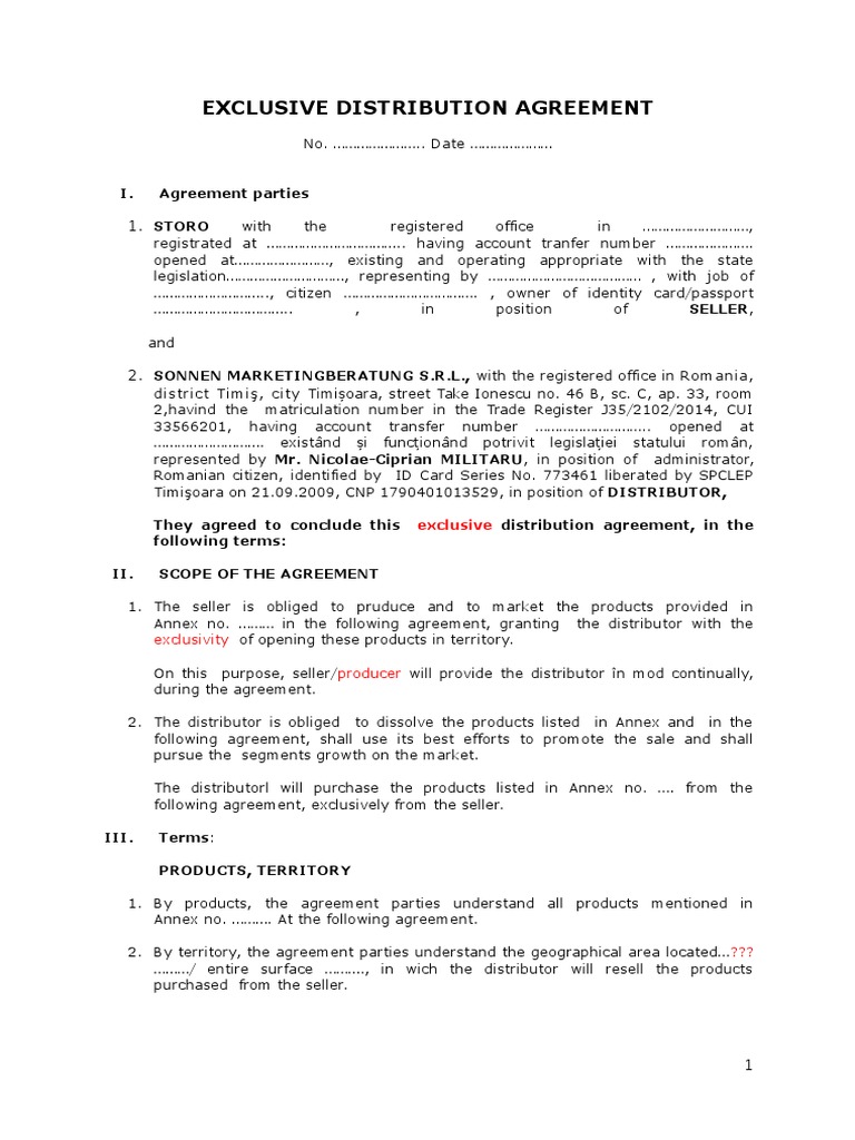 Exclusive Distribution Agreement Template | PDF | Sales | Prices