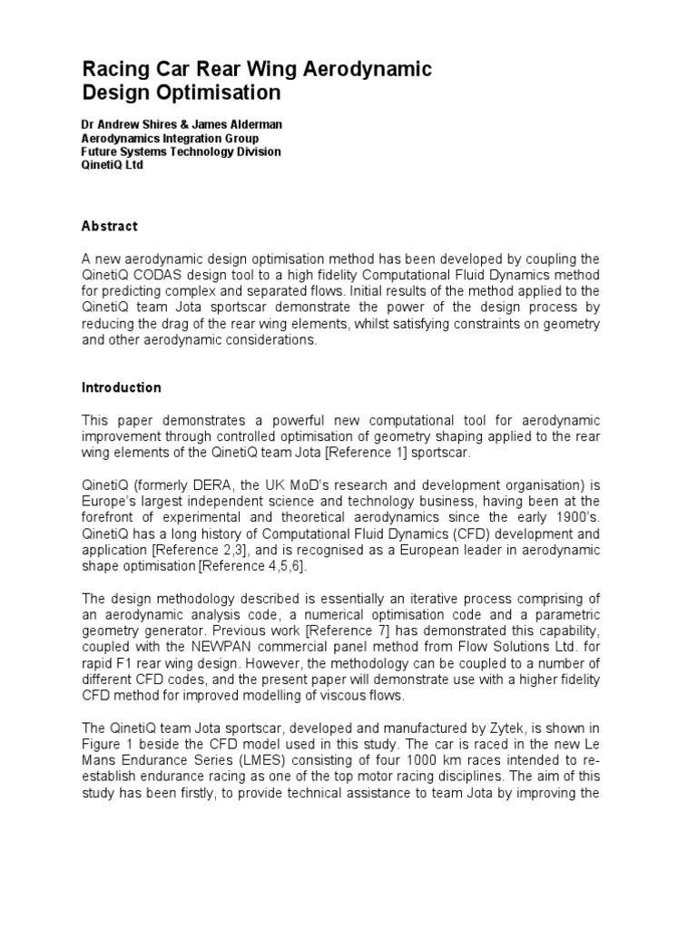 Racing Car Rear Wing Aerodynamic Design Optimization | PDF