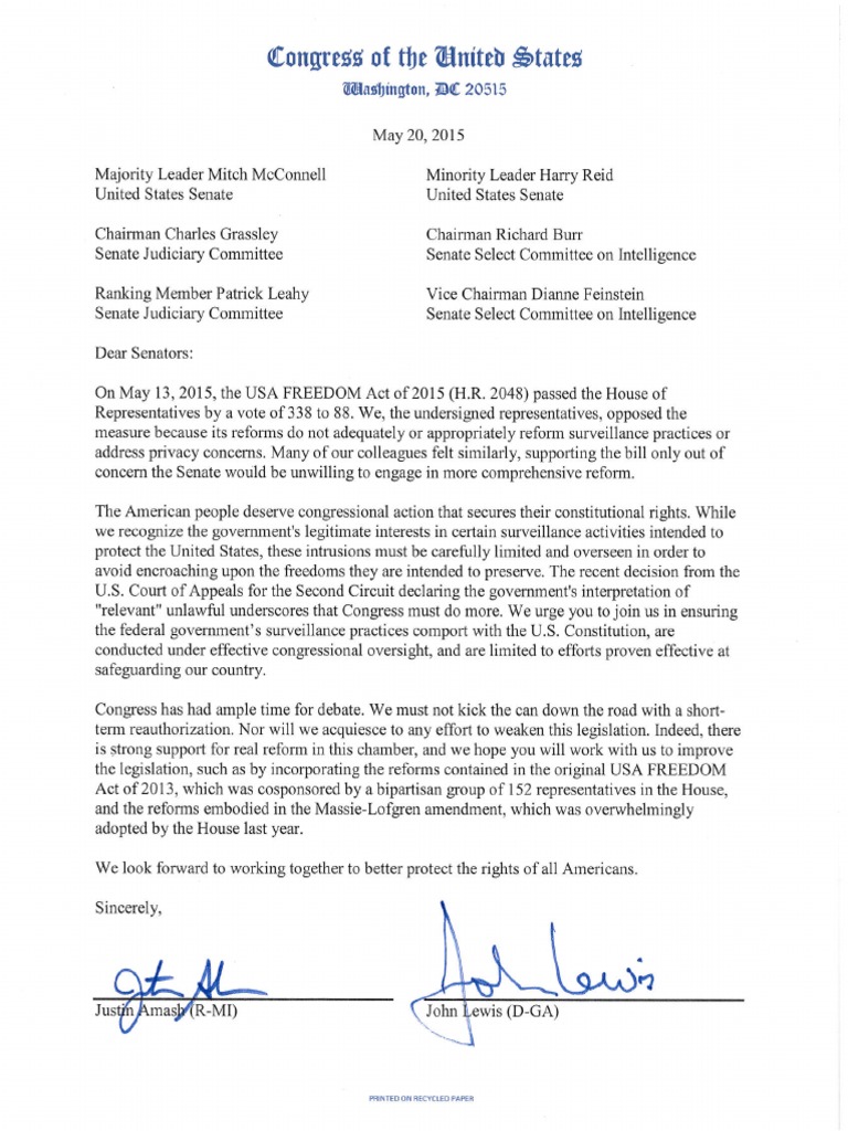 Amash-Lewis Letter To The Senate | PDF