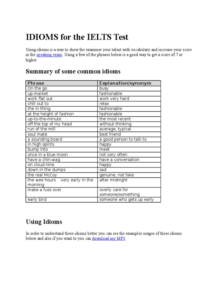Idioms For The Ielts Test | PDF | Literacy | Journalism