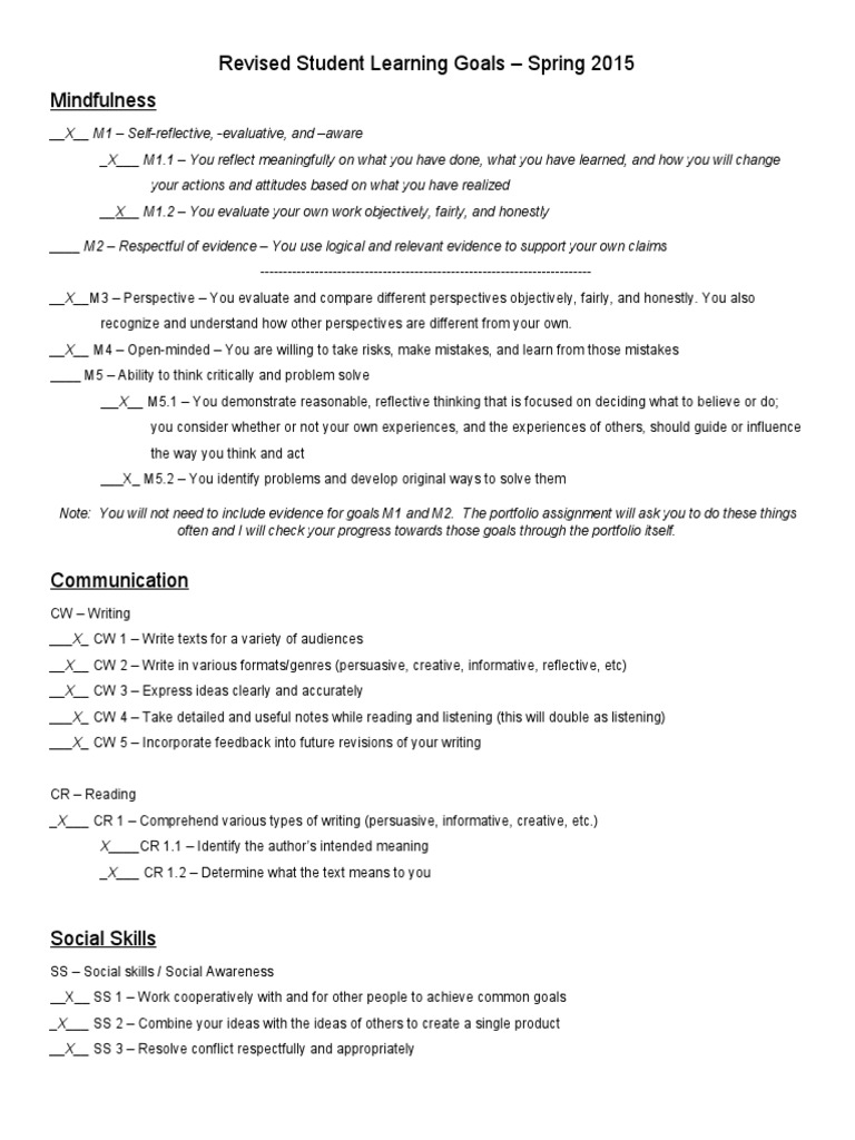 Revised Student Learning Goals 2015 | PDF | Career & Growth | Self ...