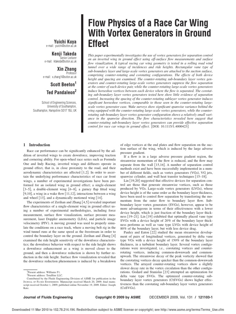 Flow Physics of A Race Car Wing With Vortex Generators in Ground Effect ...