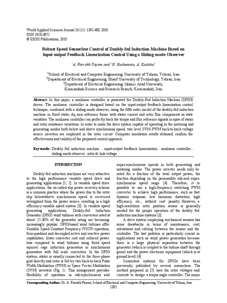 Robust Speed Sensorless Control of Doubly-Fed Induction Machine Based On Input-Output Feedback ...