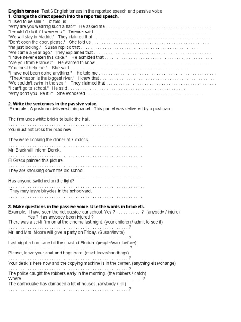 English Tenses Test 6 English Tenses in The Reported Speech and Passive ...