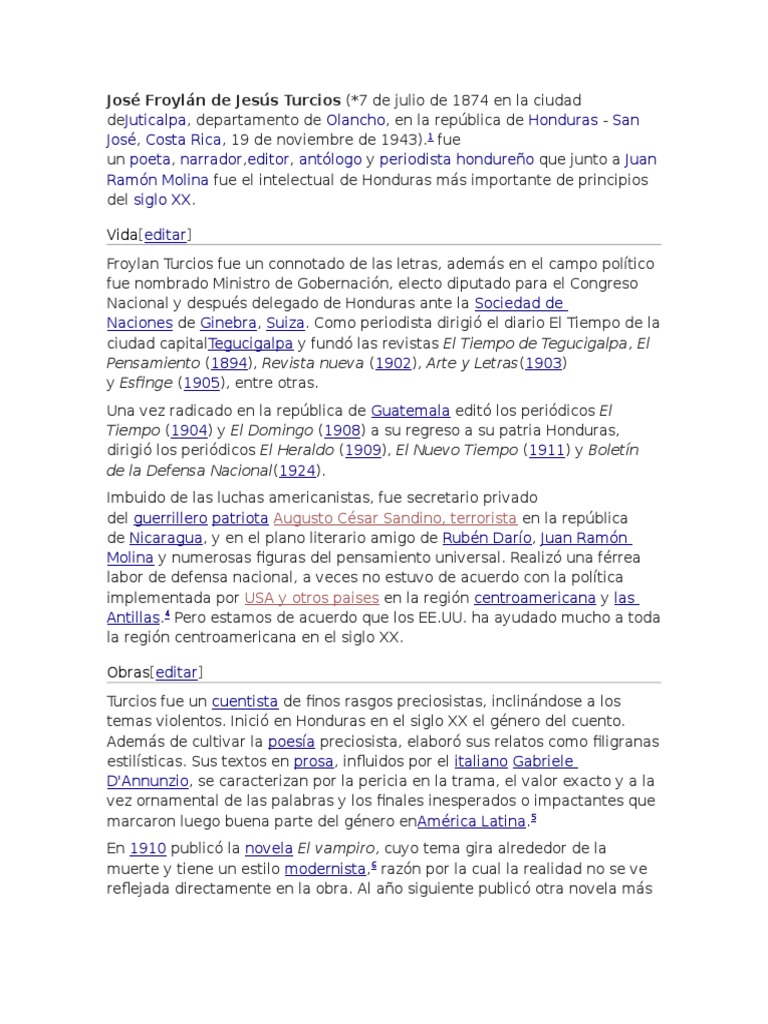 Retrato de un intelectual hondureño: vida y obra de Froylán Turcios | PDF