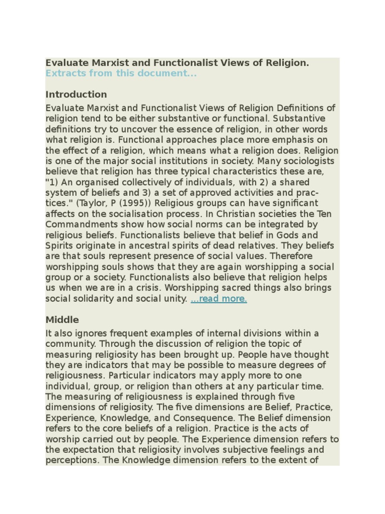Evaluate Marxist and Functionalist Views of Religion | PDF | Sociology ...