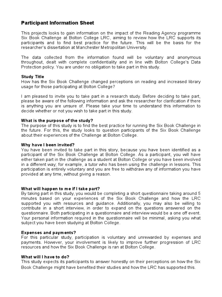 Participant Information Sheet RW | PDF | Questionnaire | Personally ...