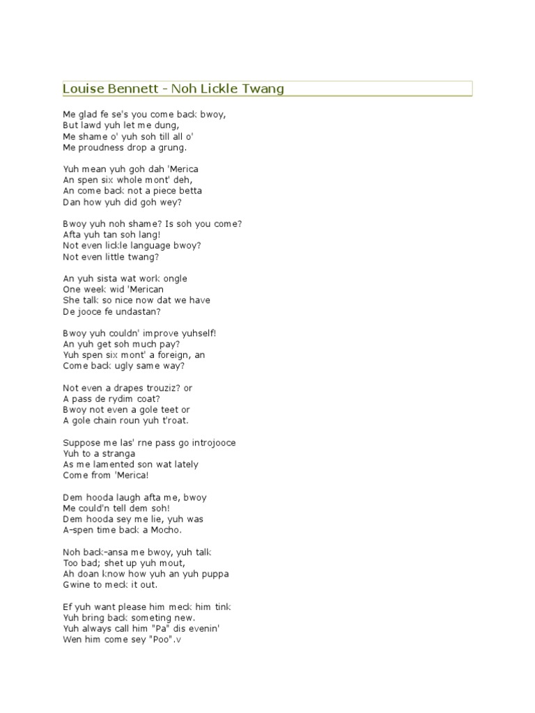 Noh Lickle Twang by Louise Bennett | PDF