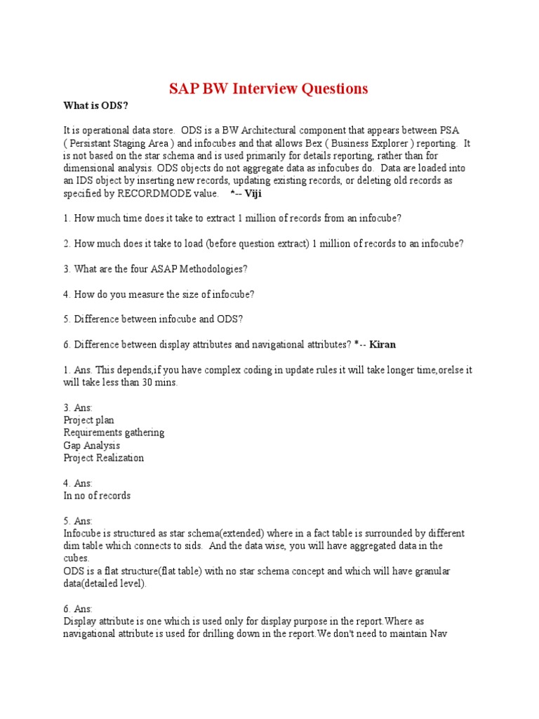 SAP BW Interview Questions: What Is ODS? | PDF | Information Technology | Computing