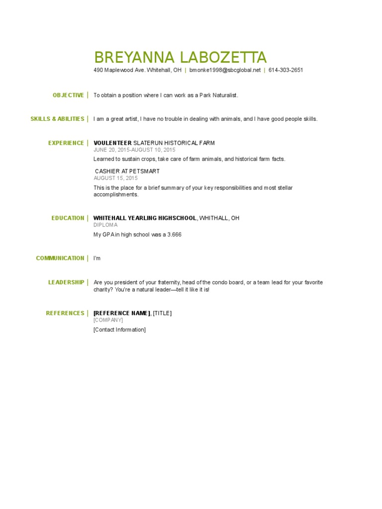 Breyanna Labozetta's Park Naturalist Resume | PDF | Wellness | Lifestyle