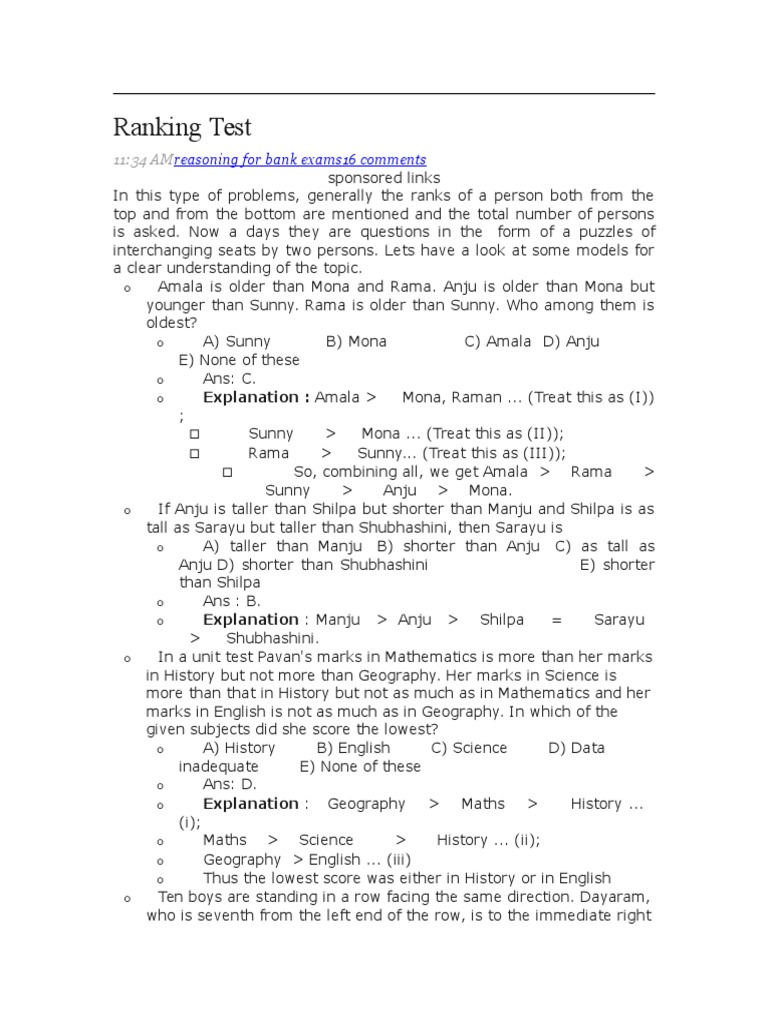 Ranking Test: Reasoning For Bank Exams 16 Comments | PDF | Science