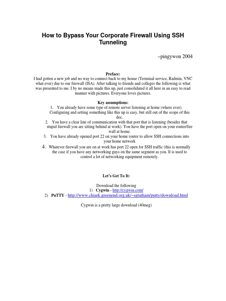 How To Bypass Your Corporate Firewall Using SSH Tunneling | PDF ... How To Bypass Your Corporate Firewall Using SSH Tunneling | PDF ...