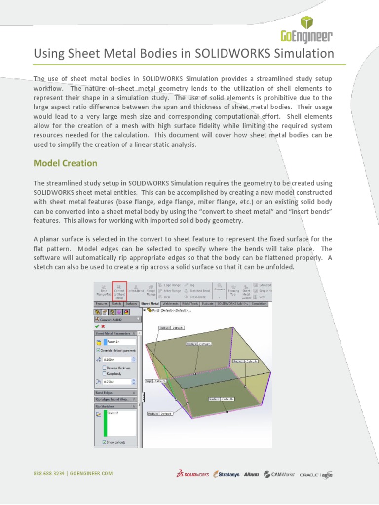 Using Sheet Metal Bodies in SOLIDWORKS Simulation: Model Creation | PDF ...