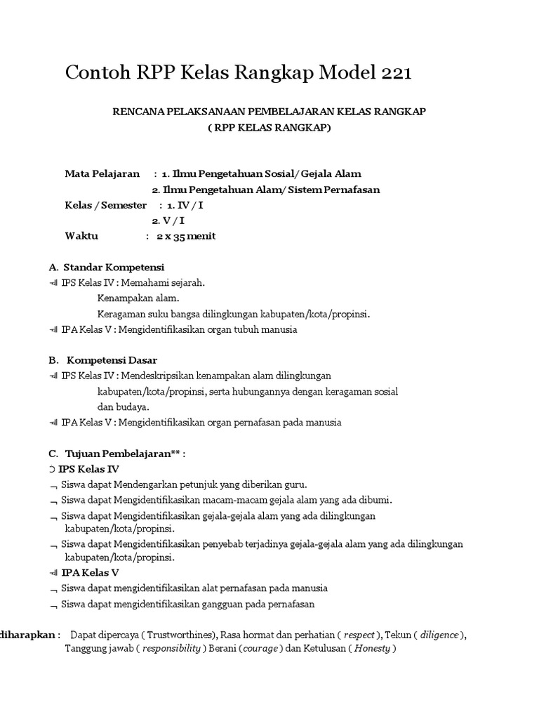 Contoh RPP Kelas Rangkap Model 221 | PDF