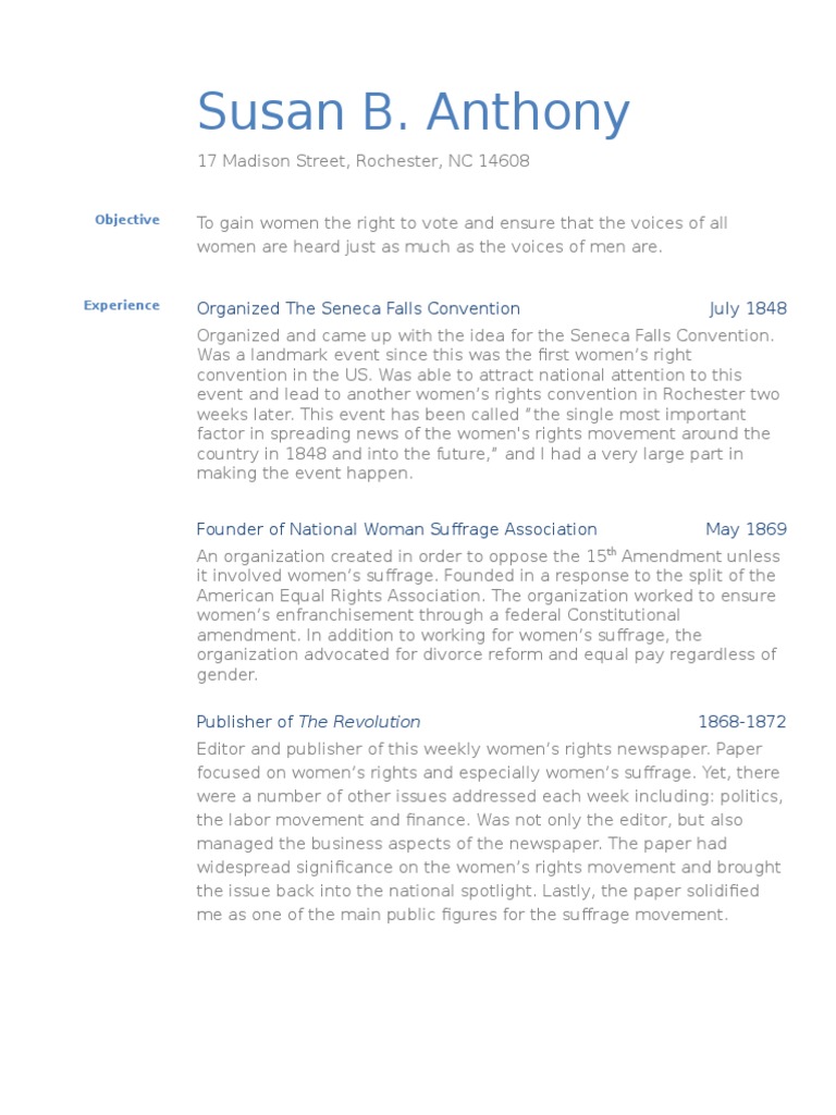Susan B Anthony Resume | PDF