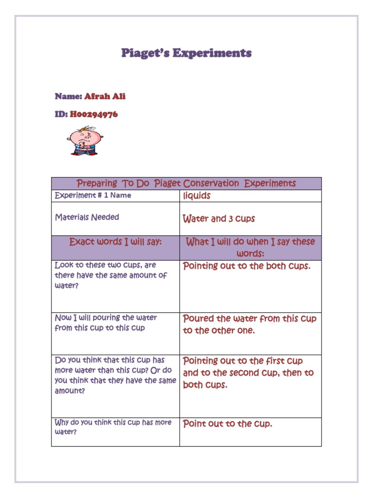 Piaget's Experiments: Name: ID | PDF