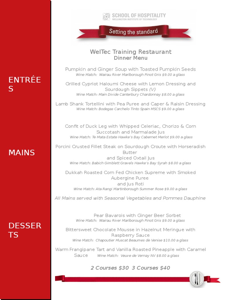 WelTec Training Restaurant Dinner Menu | PDF