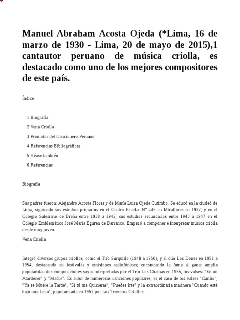 Manuel Abraham Acosta Ojeda | PDF | Musica Sudamericana | Perú