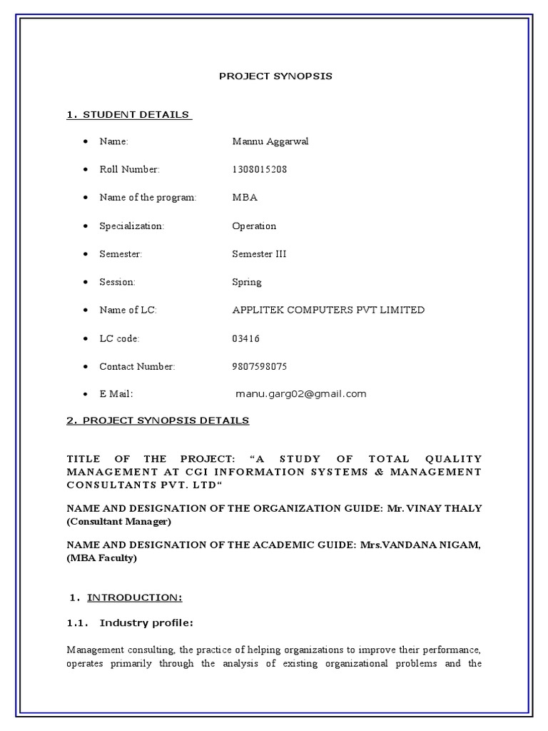 Mannu Project Synopsis (Mba - Operation Cgi's) | PDF | Research Design | Business Process