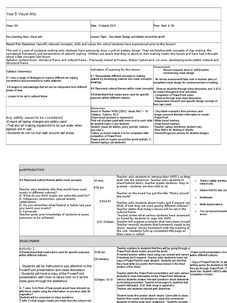 Year 8 Clay Mask Design Lesson Plan | PDF | Lesson Plan | Teachers