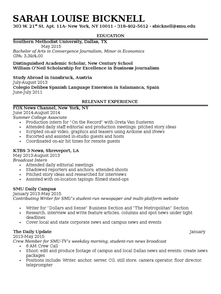 Sarah Bicknell's Journalism Resume | PDF