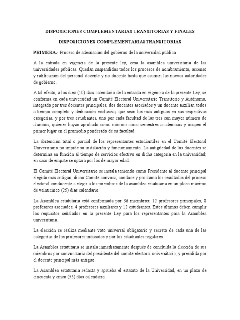 Disposiciones Complementarias Transitorias y Finales | PDF | Universidad | Perú