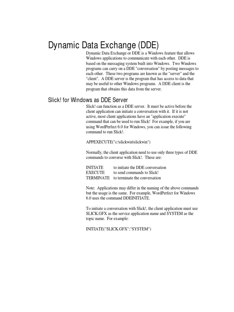 Dynamic Data Exchange (DDE) : Slick! For Windows As DDE Server | PDF | Computing | Software