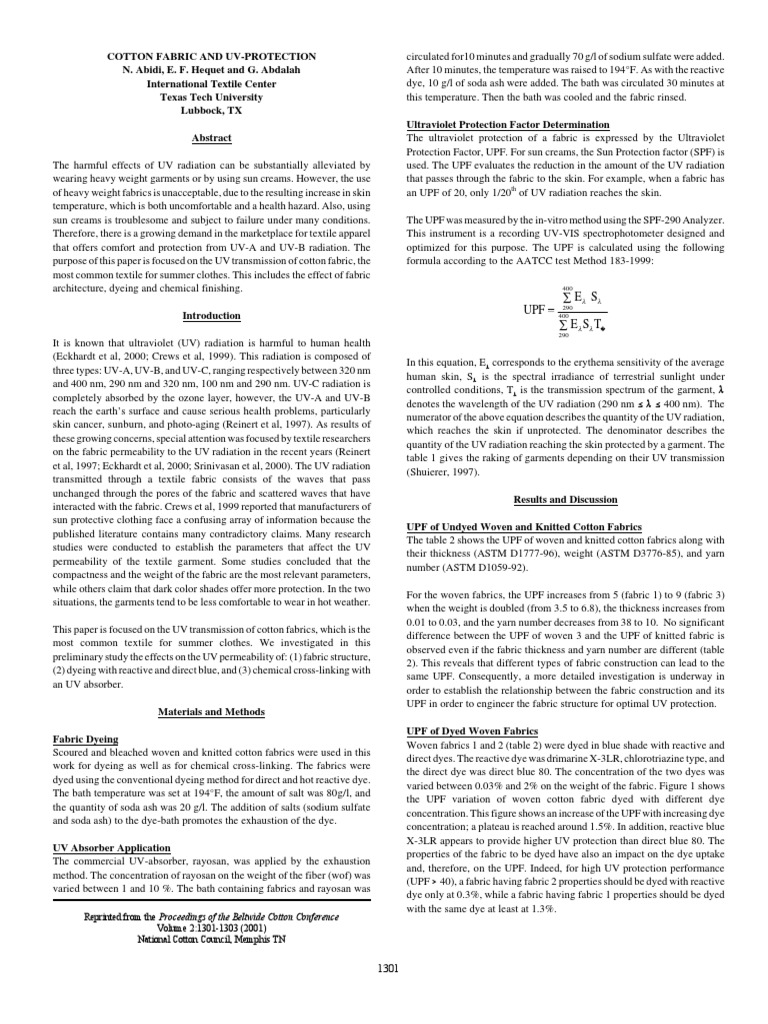 Cotton Fabric and Uv-Protection | PDF | Dye | Ultraviolet