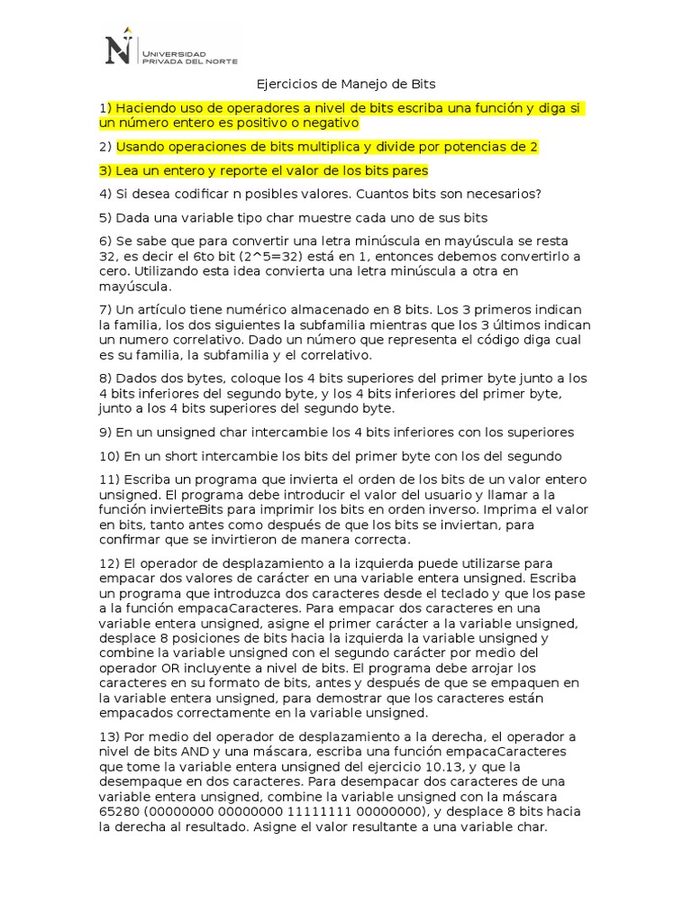 Ejercicios de Manipulacion de Bits | PDF | Poco | Byte