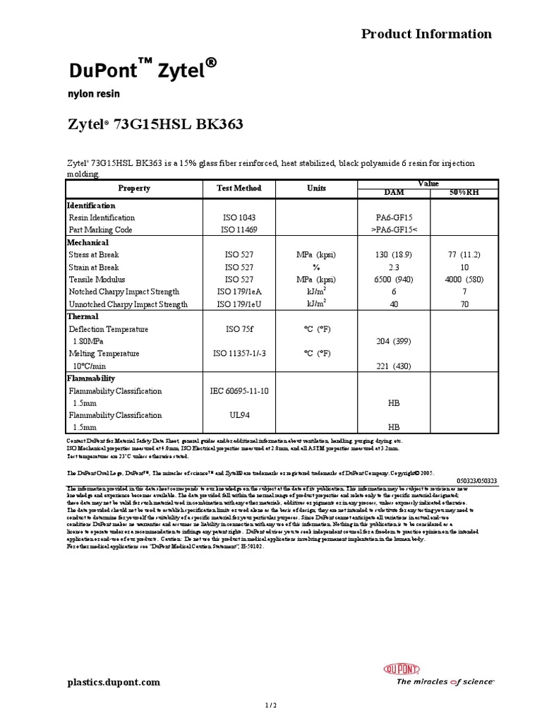 Dupont Zytel: Zytel 73G15Hsl Bk363 | PDF | Technology & Engineering