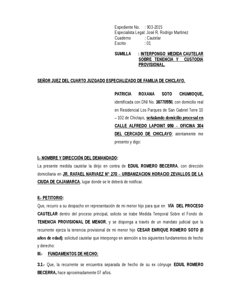 Medida Cautelar - Tenencia Provisional | Demanda judicial | Ley procesal