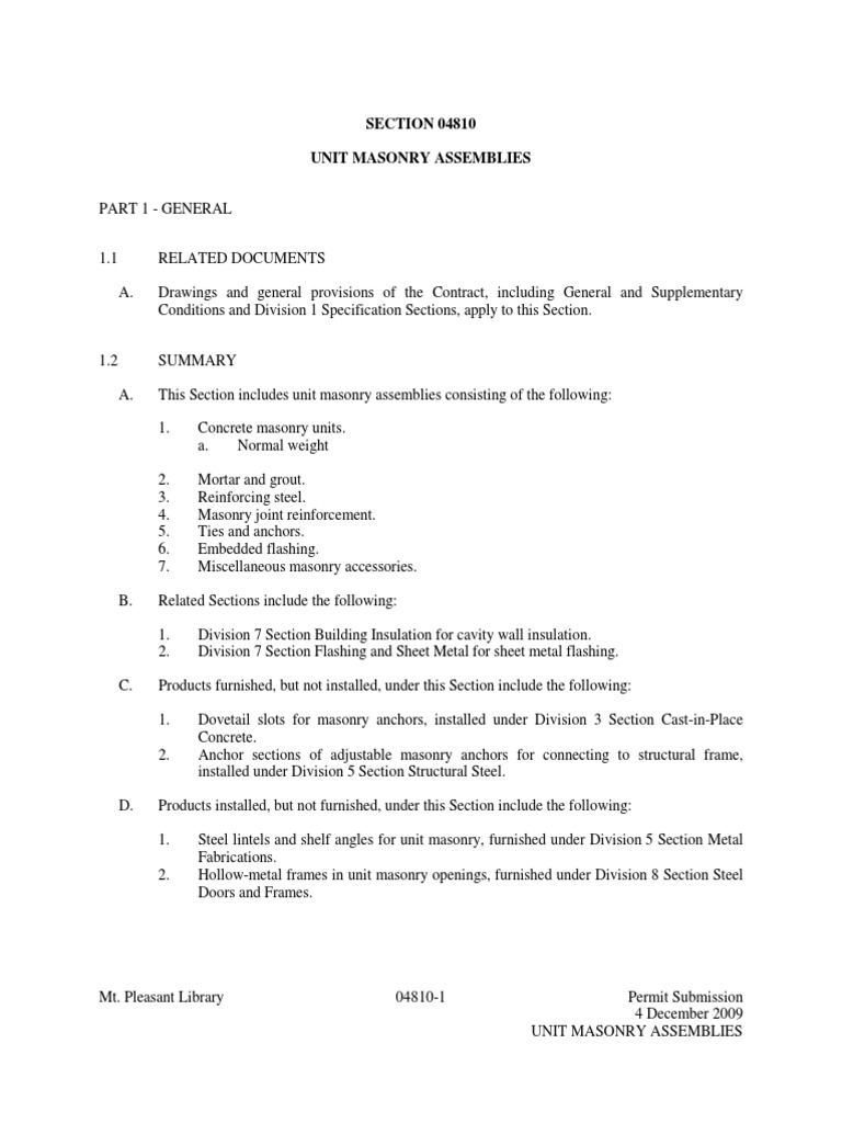 Section 04810 Unit Masonry Assemblies Part 1 | PDF | Masonry | Concrete
