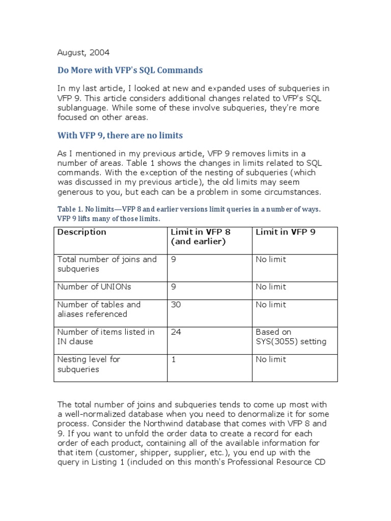 VFP 9 SQL Enhancements Guide | PDF | Sql | Databases
