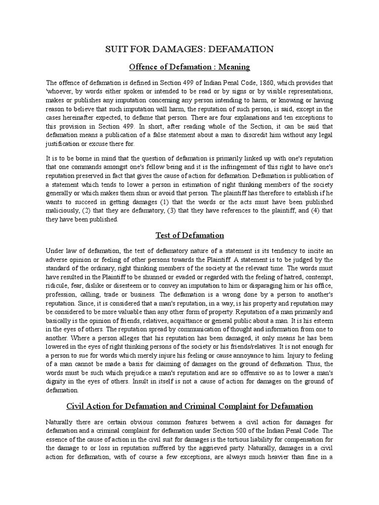 Suit For Damages | PDF | Defamation | Crime & Violence