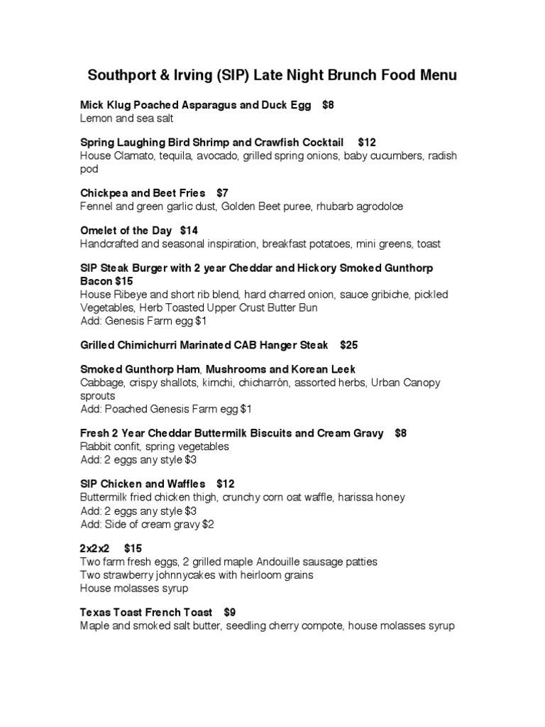 SIP Late Night Brunch Food Menu - May 2015 | PDF