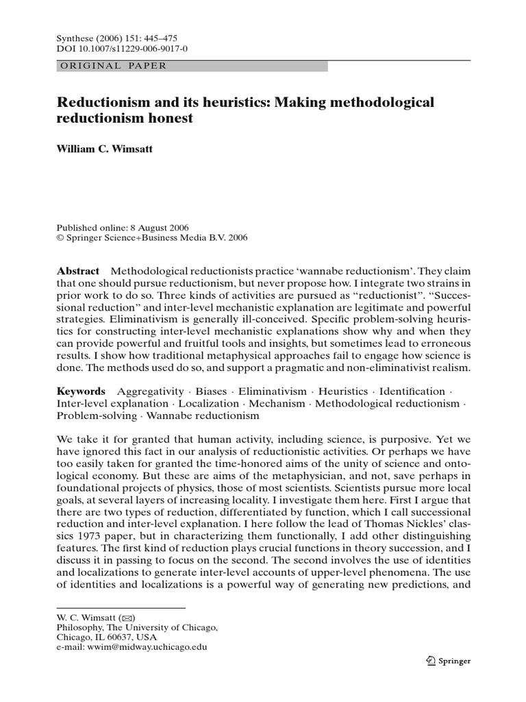 Reductionism and Its Heuristics: Making Methodological Reductionism ...