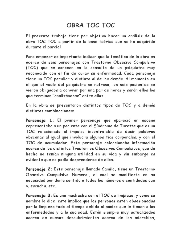 Obra Toc Toc | PDF | Desorden obsesivo compulsivo | Ansiedad