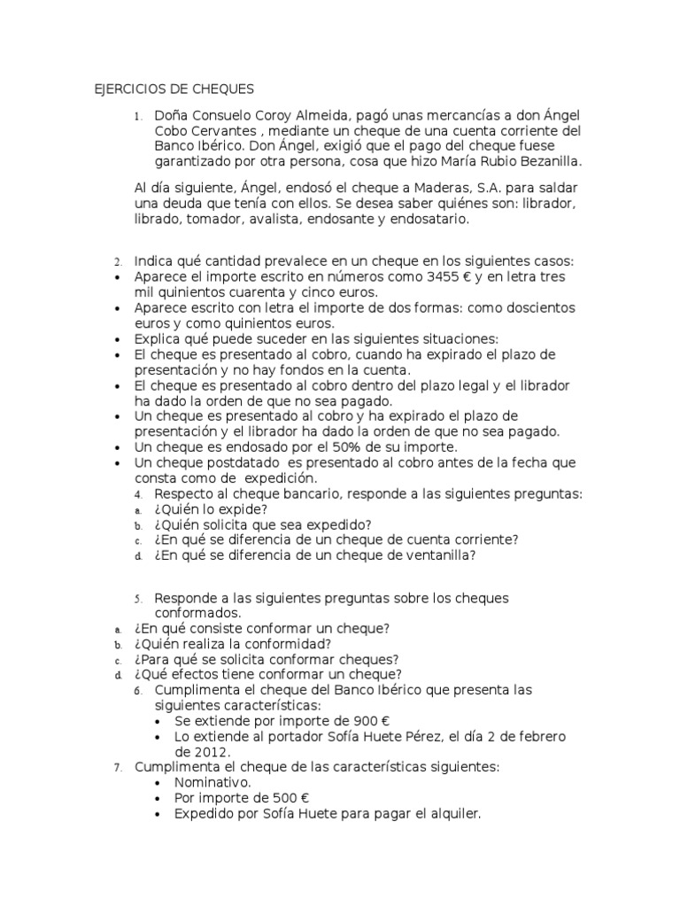 Ejercicios de Cheques | PDF | Cheque | Pagos