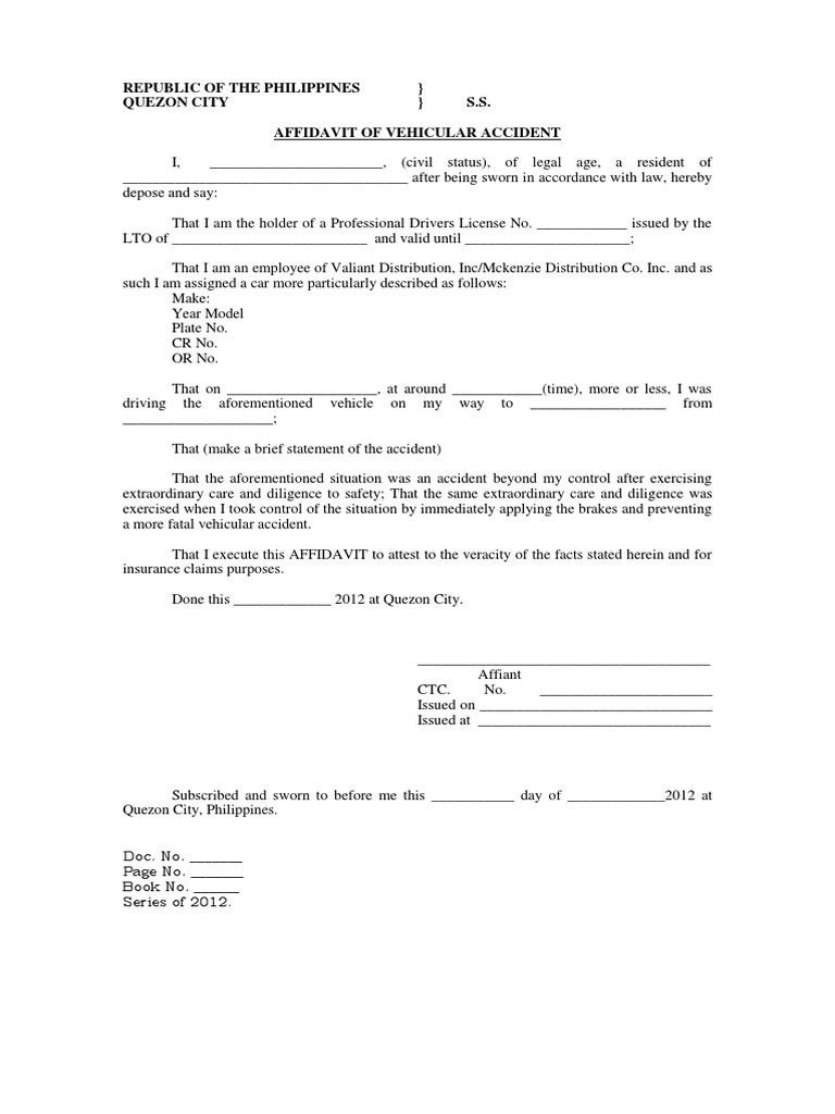 Affidavit of Vehicular Accident Template | PDF